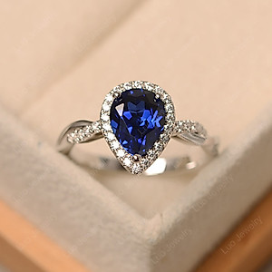 LUO 925 Sterling Silver Twist Rings Pear Shaped Halo Created Sapphire Ring Engagement Statement Ring for Women US Size 7