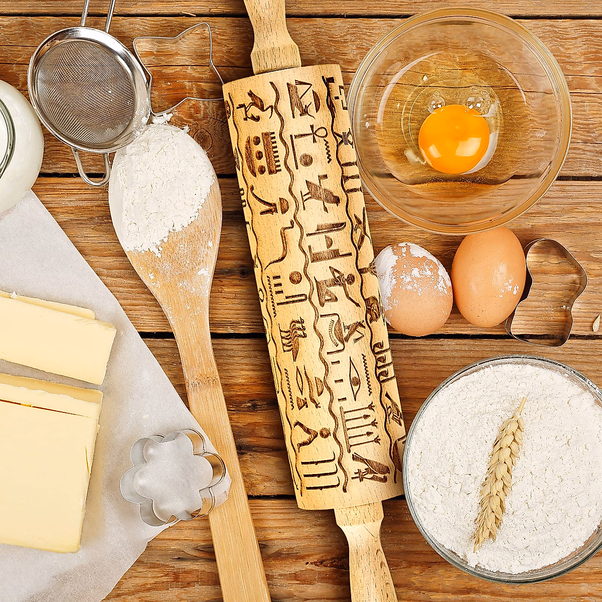 Rolling Pins for Baking Egypt Hieroglyphs Engraved Embossing Rolling Pin 15 Inches Embossed Rolling Pin Kitchen Tools for Egyptian Theme Baking Embossed Cookies for Women Mom Birthday Gift