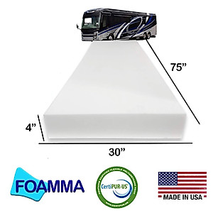 Foamma 4” x 30” x 75” Camper, RV Travel High-Density Bunk Mattress Replacement, Made in USA, Comfortable, Travel Trailer, CertiPUR-US Certified, Cover Not Included