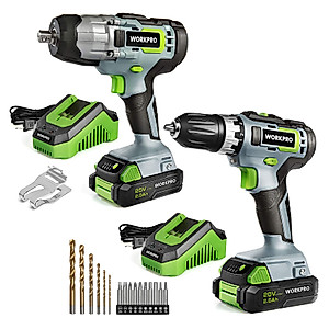 WORKPRO 20V Cordless Impact Wrench, 1/2-inch, 320 Ft Pounds Max Torque with 20V Cordless Drill/Driver Kit, 3/8”, 18+2 Torque Setting