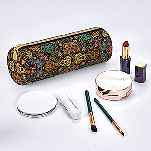 DCARSETCV Colorful Sugar Skulls Pencil Case Cute Pen Case Cylinder Leather Pencil Pouch Office Pencil Box Bag Gifts For Adults Teen School Girls Boys