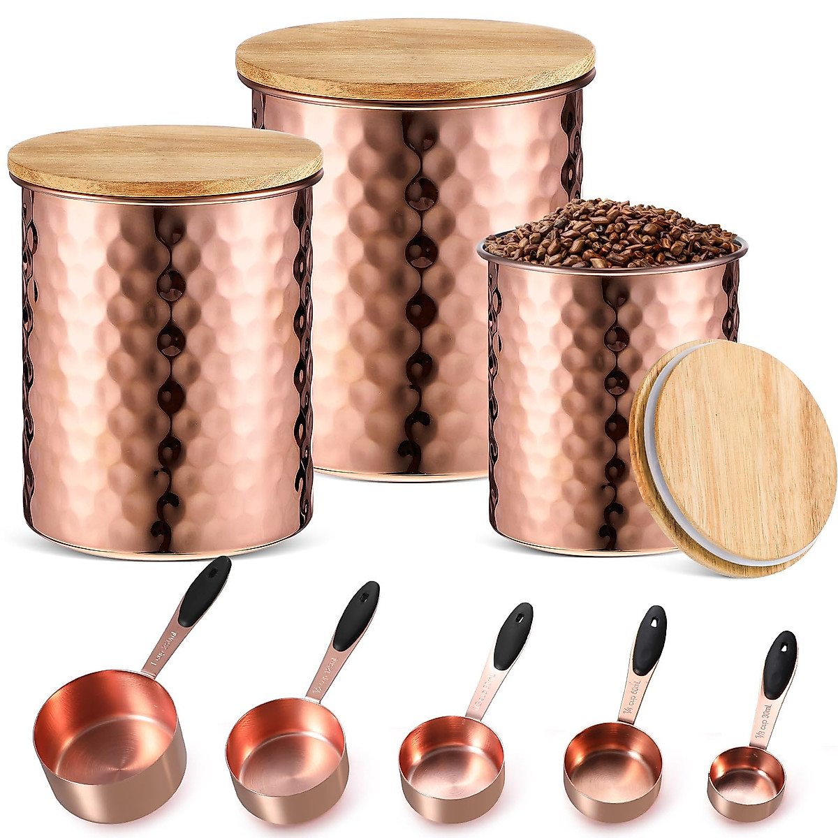 Tanlade 8 Pcs 30.43 Oz, 47.34 Oz, 60.87 oz Copper Canisters Set for Kitchen Stainless Steel Nesting Measuring Cups and Spoons Set with Silicone Handle Flour Sugar Canister Set with Wood Lids