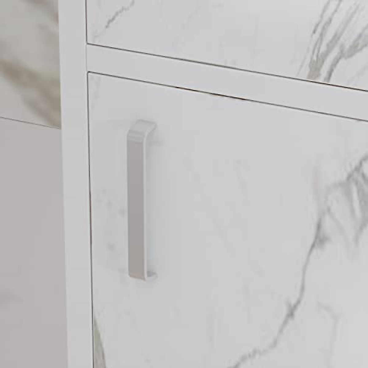 Homsee Reception Desk L-Shaped Office Desk with Counter, 1 Door Storage Cabinet, 1 Lockable Drawer, Hutch Shelf and Keyboard Tray (White Marble)