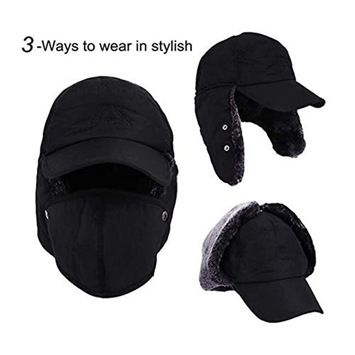 Winter 3 in 1 Thermal Fur Lined Trapper Hat with Ear Flap Full Face Warmer Cover Windproof Insulated Baseball Cap Cycling Motorcycle Snow Ski Hat Headwear (Black)