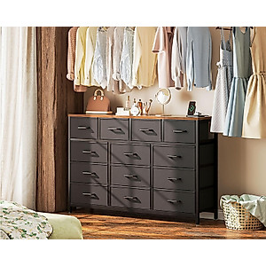 Casaottima Dresser for Bedroom with Charging Station, 57" Long Dresser with 13 Storage Drawers, Large Fabric Dressers Chests of Drawers with Shelves, Black and Vintage