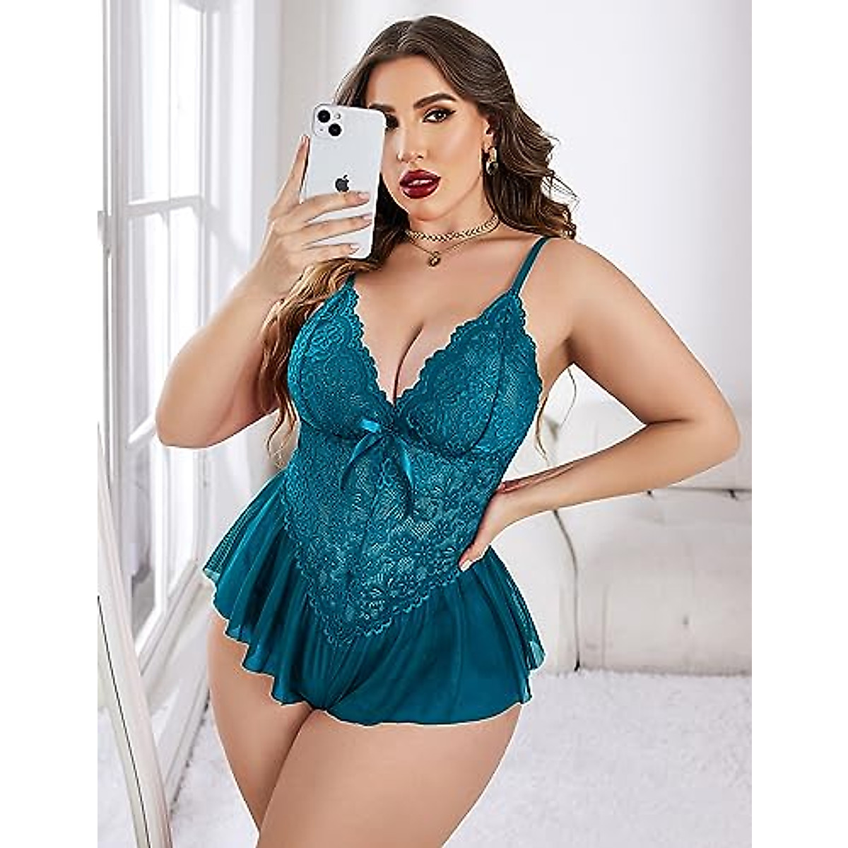 Avidlove Plus Size Lingerie for Women One Piece Teddy Bodysuit Lace Babydoll Chemise Sexy Sleepwear Nightgown Blue Green