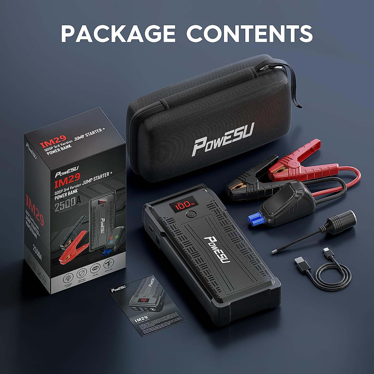 PowEsu Car Battery Jump Starter - 3000A Peak 12V Portable Battery Jump Starter(Up to 10.0L Gas or 8L Diesel Engine) Portable Power Bank with USB Quick Charge,LED Light