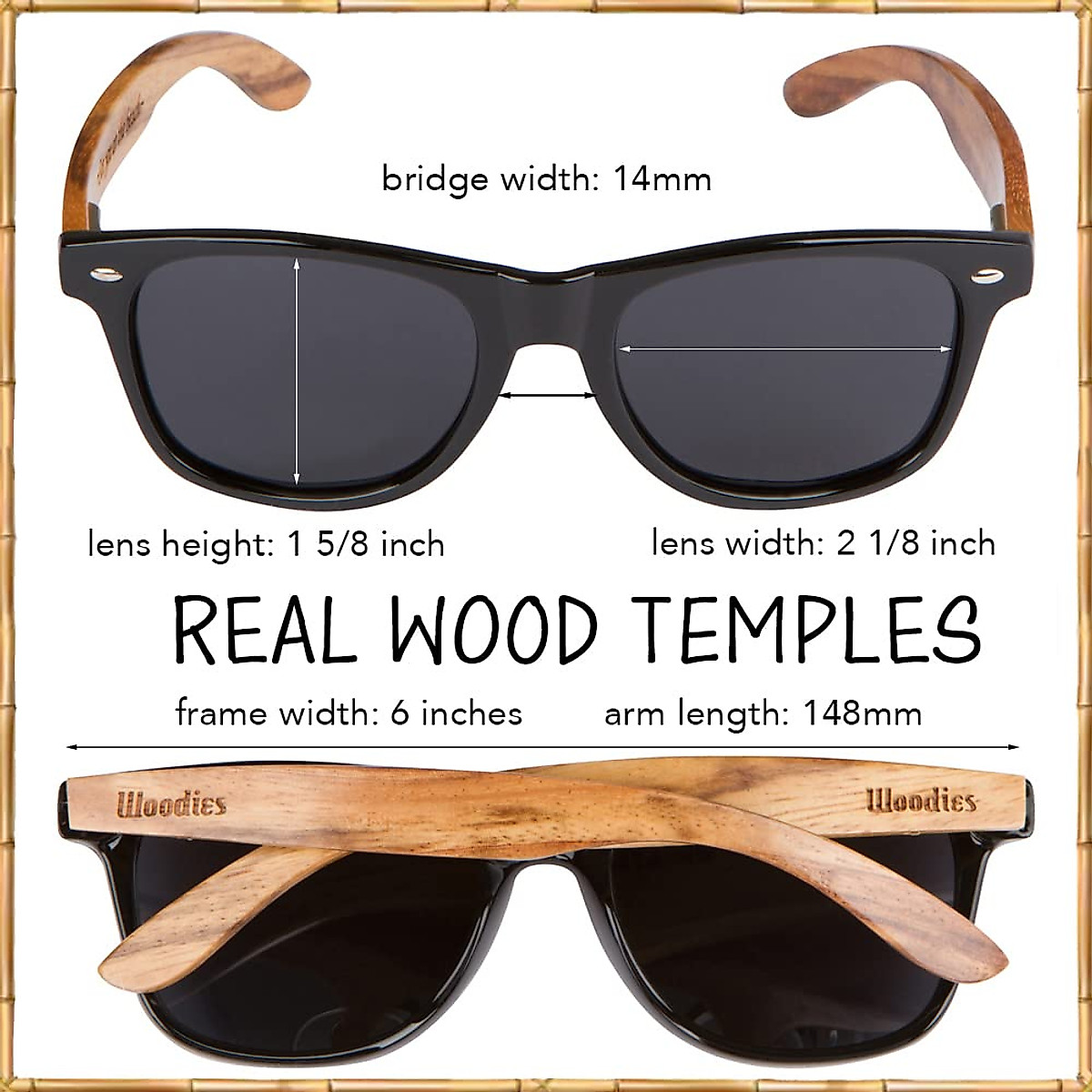 Woodies Zebra Wood Classic Black Sunglasses for Men and Women | Dark Polarized Lenses | 100% UVA/UVB Protection