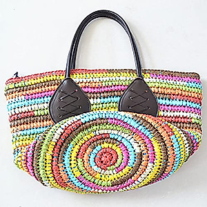 H.S.G.K Large Straw Bag Rainbow Multicolor Shoulder Bags Women's Stripe Handbags Totes Big, Multicolor Multicolor rainbow
