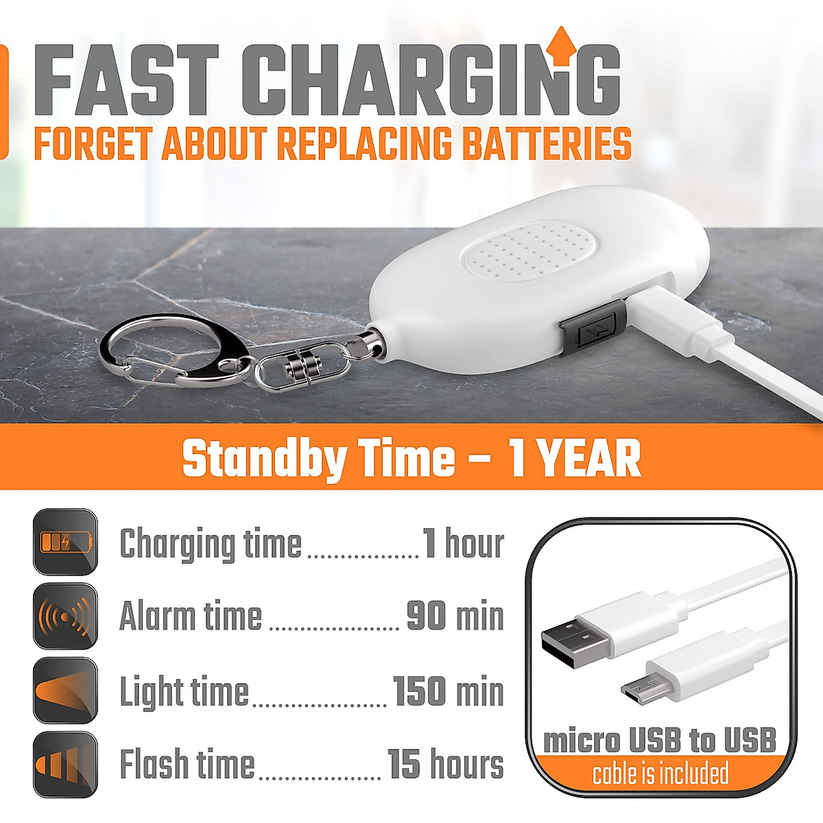 Rechargeable Self Defense Keychain Alarm 2 Pack – 130 dB Loud Emergency Personal Siren with LED Light – SOS Safety Alert Device Key Chain for Women, Kids, Elderly, and Joggers by WETEN (Black&White)