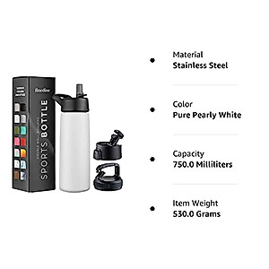 FineDine Triple Walled, Insulated Water Bottles with Straw - 25 Oz Stainless Steel Metal Bottle W/ 3 Leak Proof Lids - For Travel, School, Sports, Gym/Men, Women & Kids - Pure Pearly White