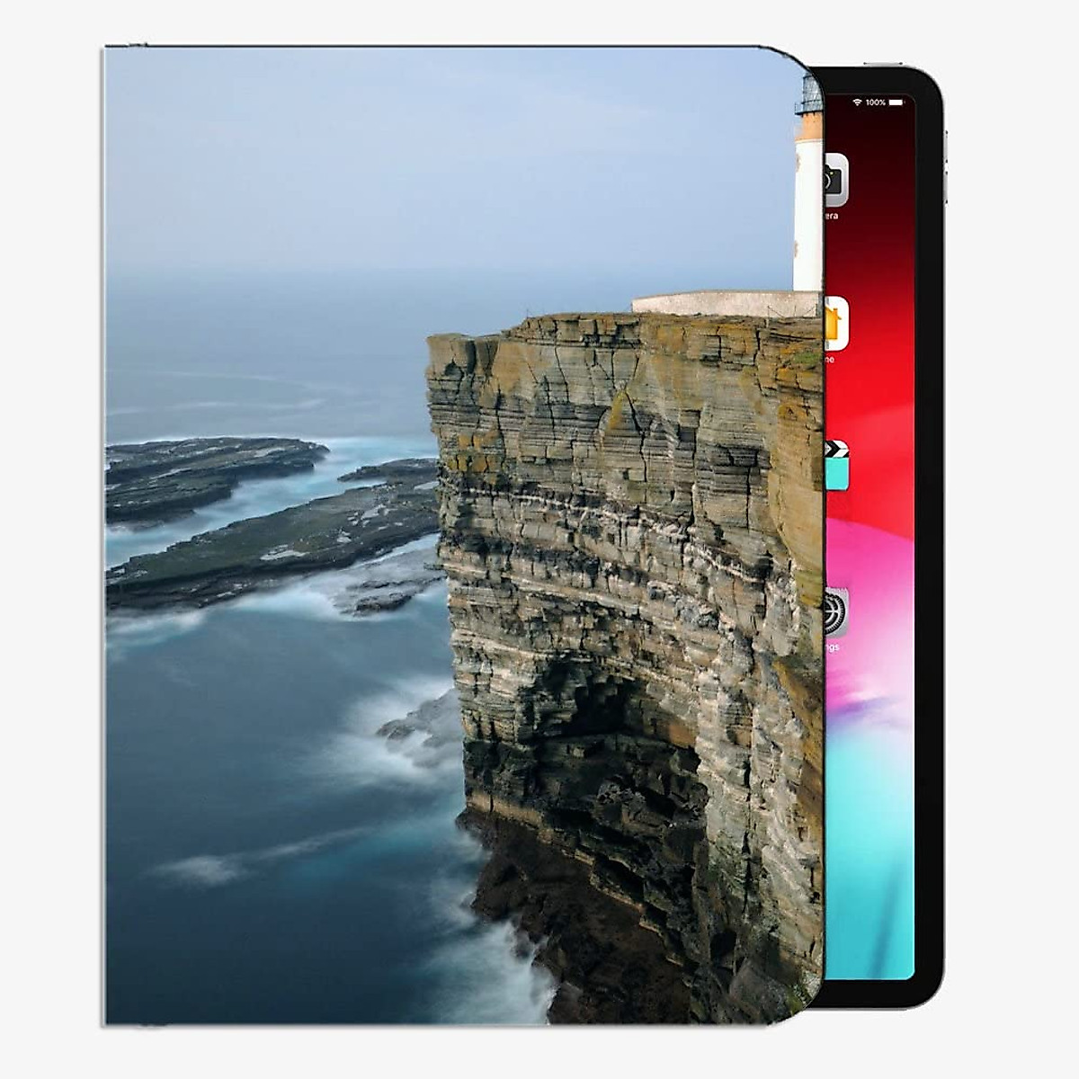 Wugao iPad Pro 12.9 Case 5th/4th/3rd Generation Case 2021 2020 2018 PU Leather with Pencil Holder,Ocean Blue Sea Lighthouse Auto Wake/Sleep Feature Standing Cover