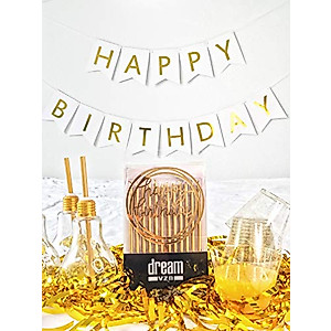 24 Count Tall Thin Metallic Gold Slow Burning Birthday Candles in Holders with Matching Elegant Classy Cake Topper for Special Custom Birthday Cake Cupcake Candle Decorations by Dream VZN