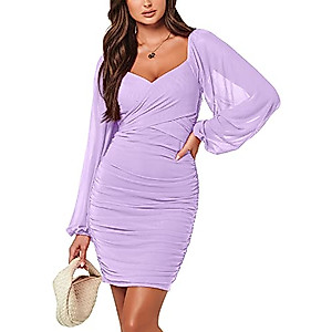 ANRABESS Women's Sexy V Neck Ruched Bodycon Mini Dress Puff Long Sleeve Cocktail Wedding Party Short Dresses 955danzi-S Purple