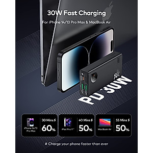 Baseus 20000mAh Portable Laptop Charger, PD 30W Power Bank, Battery Pack with Fast Charging, 3 Port Charging USB-C Portable Phone Charger for iPhone 15/14/13 Series, MacBook and Steam Deck (Dark Gray)