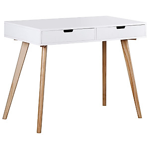 SUPER DEAL Mid Century Writing Computer Desk, Modern Home Office Laptop PC Desk with Two Storage Drawers & Solid Wood Legs, Console Table Makeup Vanity Table for Bedroom