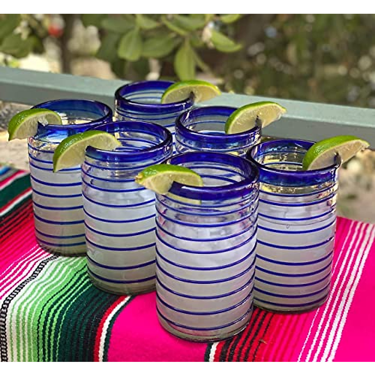 Hand Blown Mexican Drinking Glasses – Set of 6 Glasses with Cobalt Blue Spiral Design (14 oz each)