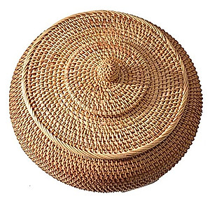 Round Rattan Boxes with Lid Hand-Woven Multi-Purpose Wicker Tray 8.6Inch Picnic Food Bread Table Storage Basket (22x13cm)