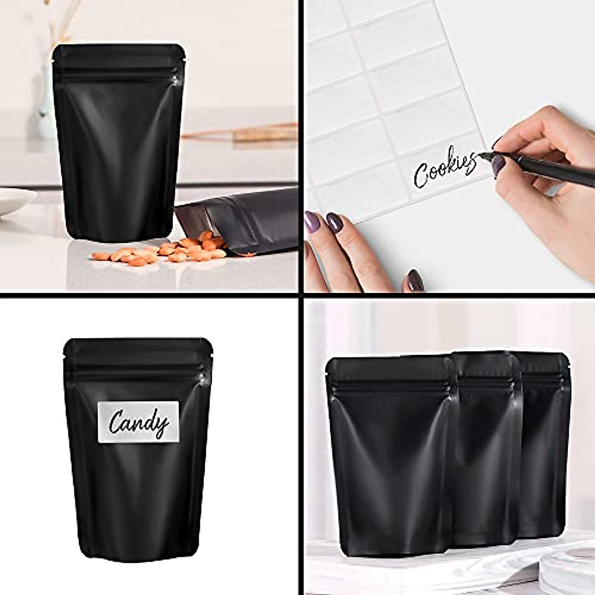 100 Pcs Mylar Bags 4x6 Resealable Mylar Food Storage Bags With LABELS Mylar Ziplock Bags Smell Proof Bags resealable bags for small business Air Tight Herb and Food Storage Food and Lip Gloss, Jewelry, Eyelash Packaging Self Sealing Storage Supplies (Matt