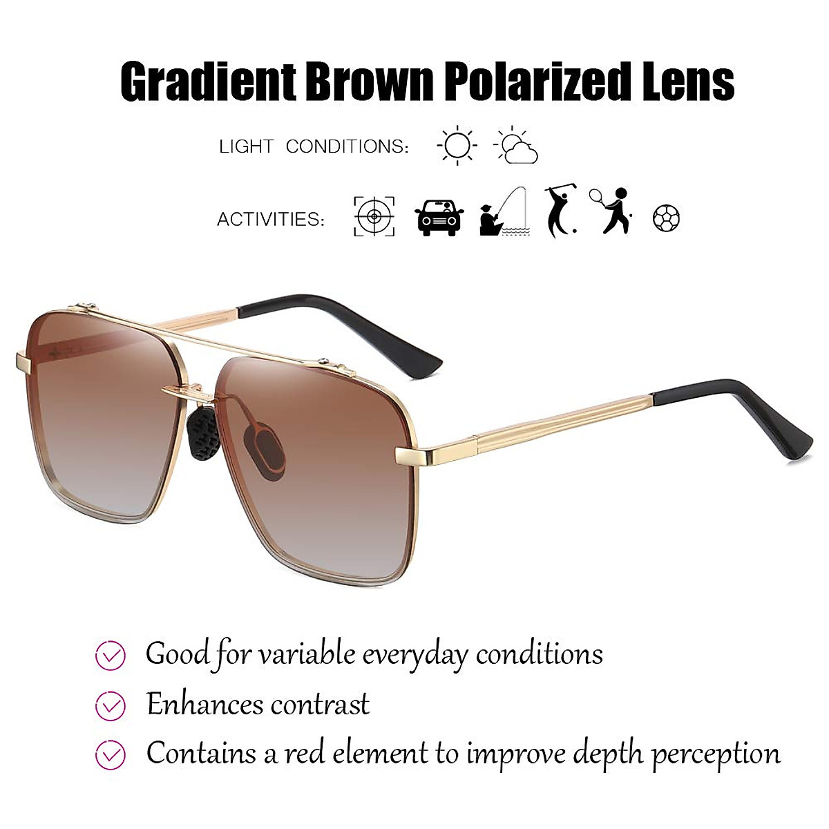 Square polarized sunglasses for men - Oversized Aviator Metal Frame - Gradient UV Protection Lenses (Gold | Brown Gradient)