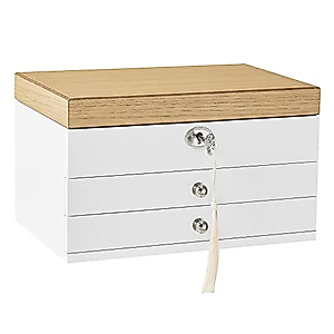 SONGMICS Jewelry Box, 3-Tier Jewelry Organizer Box, Locking Jewelry Case with Large Mirror, 2 Drawers, Gift Idea, for Rings, Earrings, Bracelets, Necklaces, White and Wood Grain Color UJOW15WN