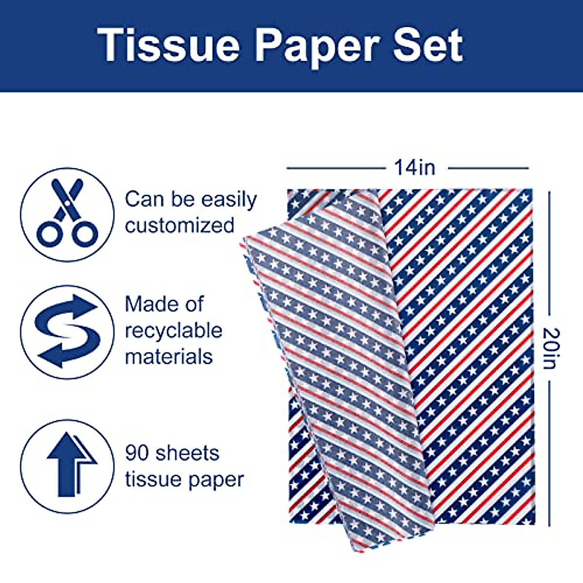 Whaline Patriotic Tissue Paper Patriotic Star Stripe Pattern Tissue Paper Red Blue Wrapping Paper 4th of July Art Tissue Art Tissue for Independence Day Gift Packing Party Decorations, 14x20 Inch