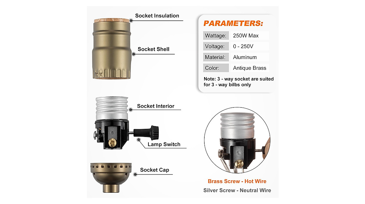 3 Way Lamp Socket Replacement - E26 Threaded Base with Turn Knob
