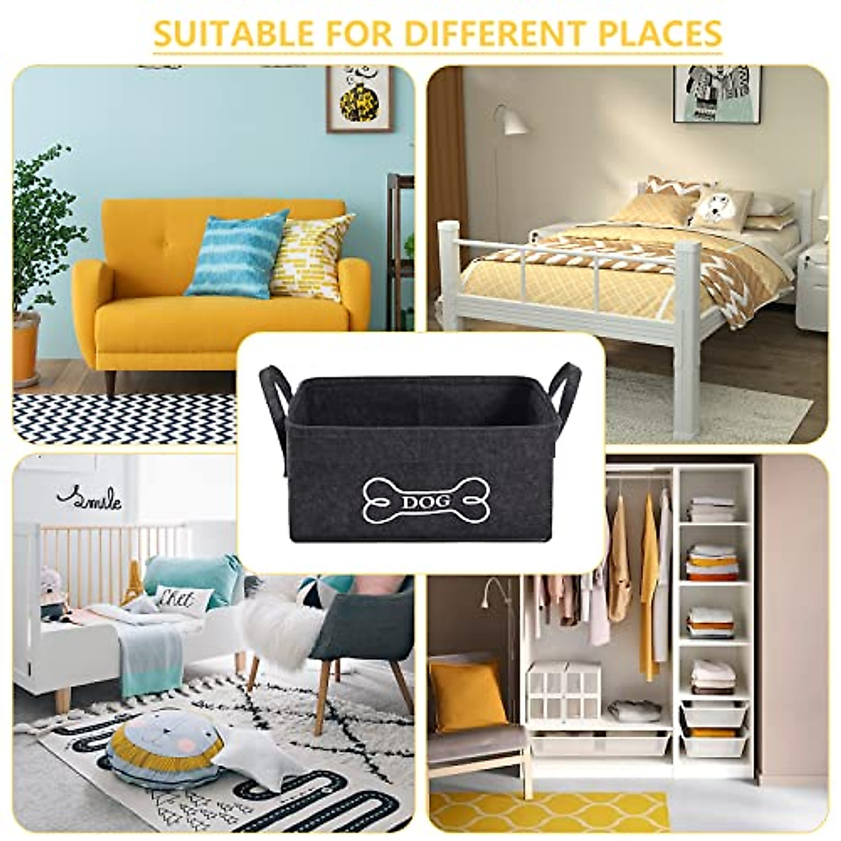 Geyecete basket dog toys Storage Bins with Handle,Decorative Basket Rectangular Soft felt dog toy box Organizer Basket Pet supplies-Dark Gray