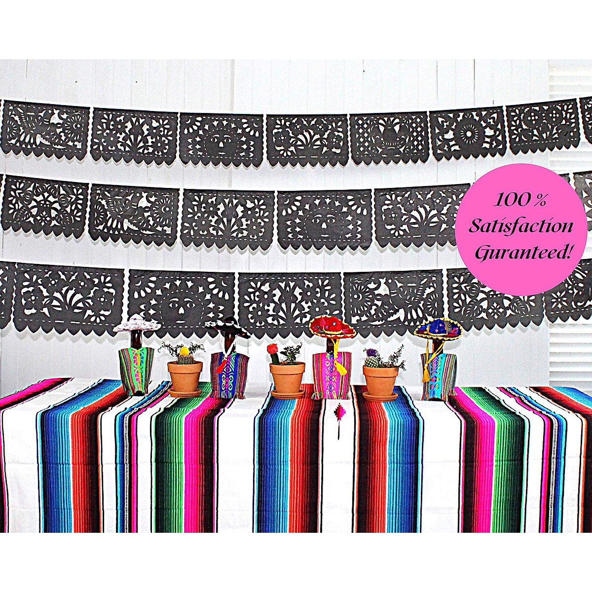 5 Pack Cinco de Mayo Party Decorations, Papel Picado Banner 60 ft Long, Fiesta Black tissue PAPER garland, Mexican Decorations, Weddings, Quinceaneras, Birthdays, Fiesta party supplies, WS250