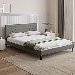 Novilla Full Size Bed Frame No Box Spring Needed with Adjustable Headboard Upholstered Platform Bed with Strong Wooden Slats, Easy Assembly, Light Grey