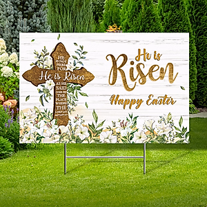 He Is Risen Easter Yard Sign Outdoor Decorations Happy Easter Yard Stakes Religious Easter Yard Decoration Easter Cross Sign Eucalyptus Lily Spring Yard Sign for Christian Holiday Garden Lawn Decor
