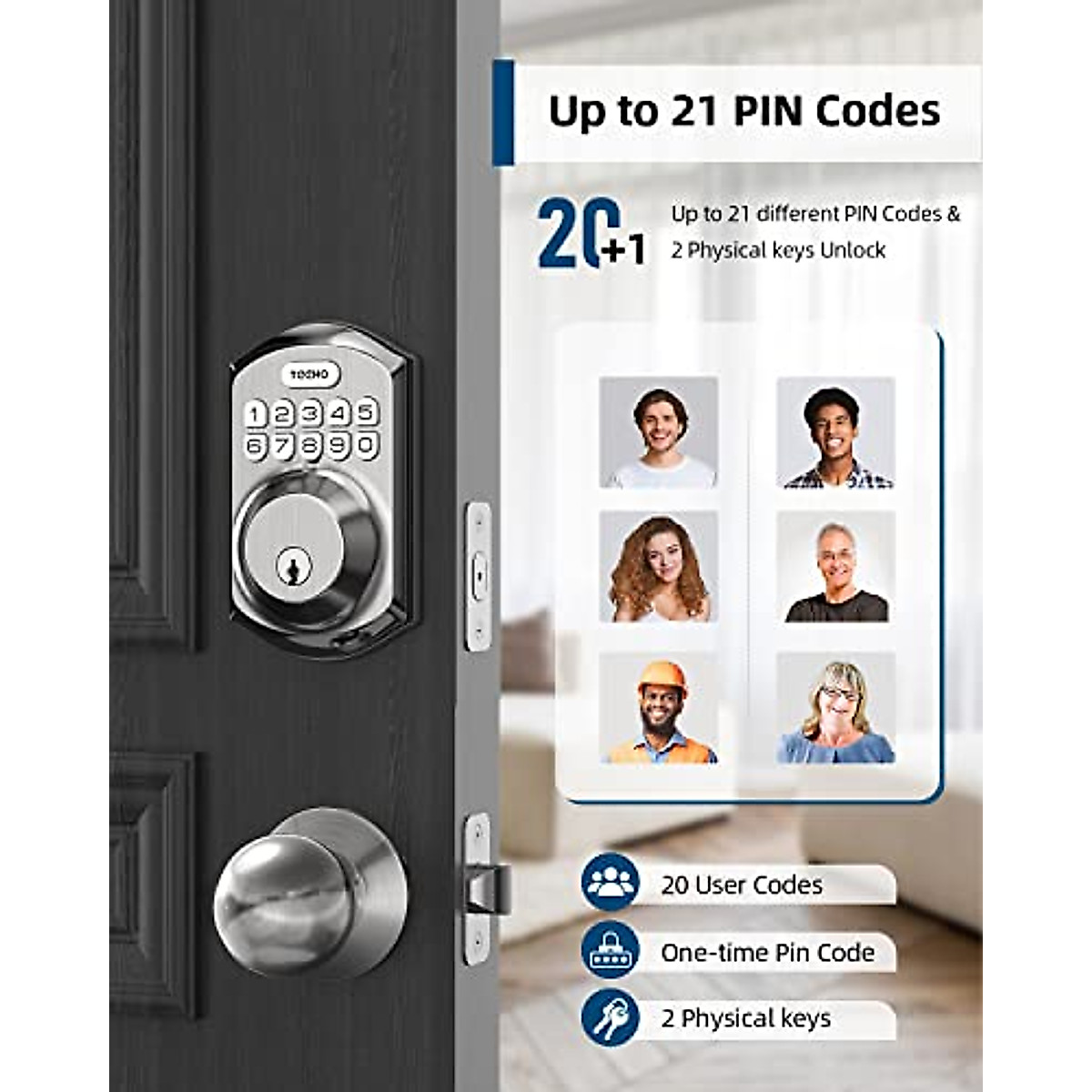 TEEHO TE001K Keyless Entry Door Lock with Handle - Electronic Keypad Deadbolt with Door Knob - Deadbolt Smart Lock for Front Door - Auto Lock - Easy Installation - Satin Nickel