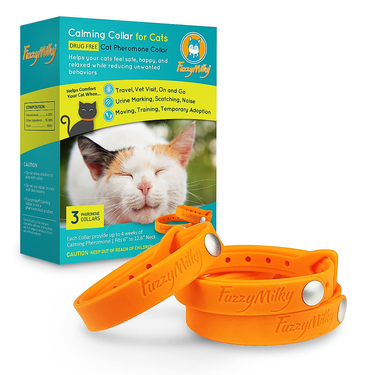 FuzzyMilky Cat Calming Collars - 3 Packs Cat Collar Infused with Pheromones (Orange) for Cat Anxiety Relief