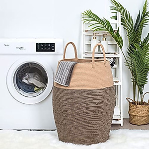 MINTWOOD Design Extra Large 25.6 Inches High Decorative Woven Cotton Rope Basket, Tall Laundry Hamper with Handles, Blanket Basket Living Room, Storage Baskets for Toys, Throws, Pillow, Black Jute Mix