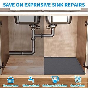 AUMIO Under Sink Mat, Under Sink Mats for Kitchen Waterproof 22" x 34" Under Kitchen Sink Mat Silicone Under Sink Liner Drip Tray with Drain Hole, Sink Cabinet Protector Mat for Kitchen Bathroom Grey