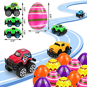 HALOGATE Easter Eggs Fillers Easter Basket Stuffers, 12 PCS Plastic Easter Eggs with Pull Back Cars Inside, Easter Egg Surprise Filled Toy Vehicles for Kids Gifts Party Favors Easter Eggs Hunt