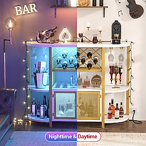 Unikito Gold Liquor Bar with LED Light, Wine Cabinet with Outlet, Freestanding Wine Rack Table with Door, Coffee Bar Cabinet for Liquor and Glass, Floor Bar Table Stand with Wine Storage Rack, White