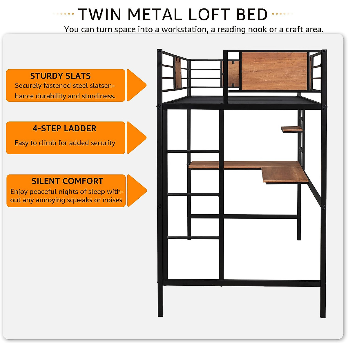 Metal Loft Bed Frame, Twin Size Loft Bed with Desk and Storage Shelves, Metal Bed Frame with Safe Guardrail & Ladder for Kids Teens Adults, Space Saving Loft Bed, No Box Spring Needed (Black 1)