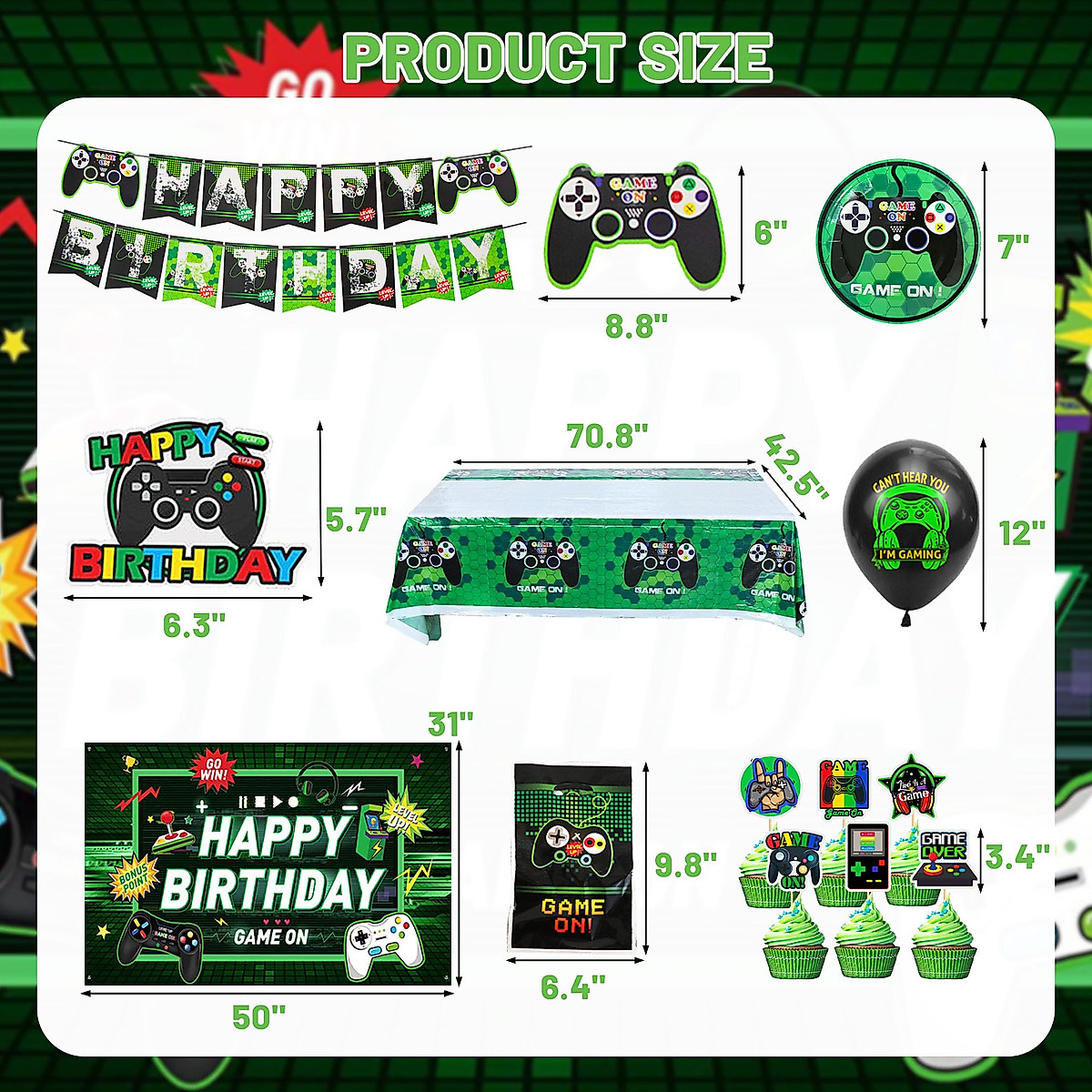WODSMIN 254 PCS Green Video Game Party Supplies, Game Theme Decorations for Serves 10 Guests Plates, Cups, Hanging Swirls, Balloons, Banner, Cake Topper, Tablecloth and Backdrop for Birthday Party