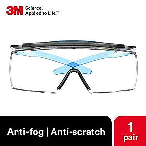 3M Safety Glasses, SecureFit, Fits Over Prescription Glasses, ANSI Z87, Scotchgard Anti-Fog Anti-Scratch Clear Lens, Blue Frame