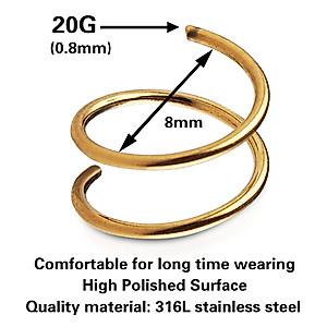 Double Nose Ring for Single Piercing, Gold Double Hoop Nose Ring 20 Gauge, Spiral Nose Rings for Women/Girl, Two in One Nose Ring Hoop, nose ring that looks like double piercing, faux double nose ring