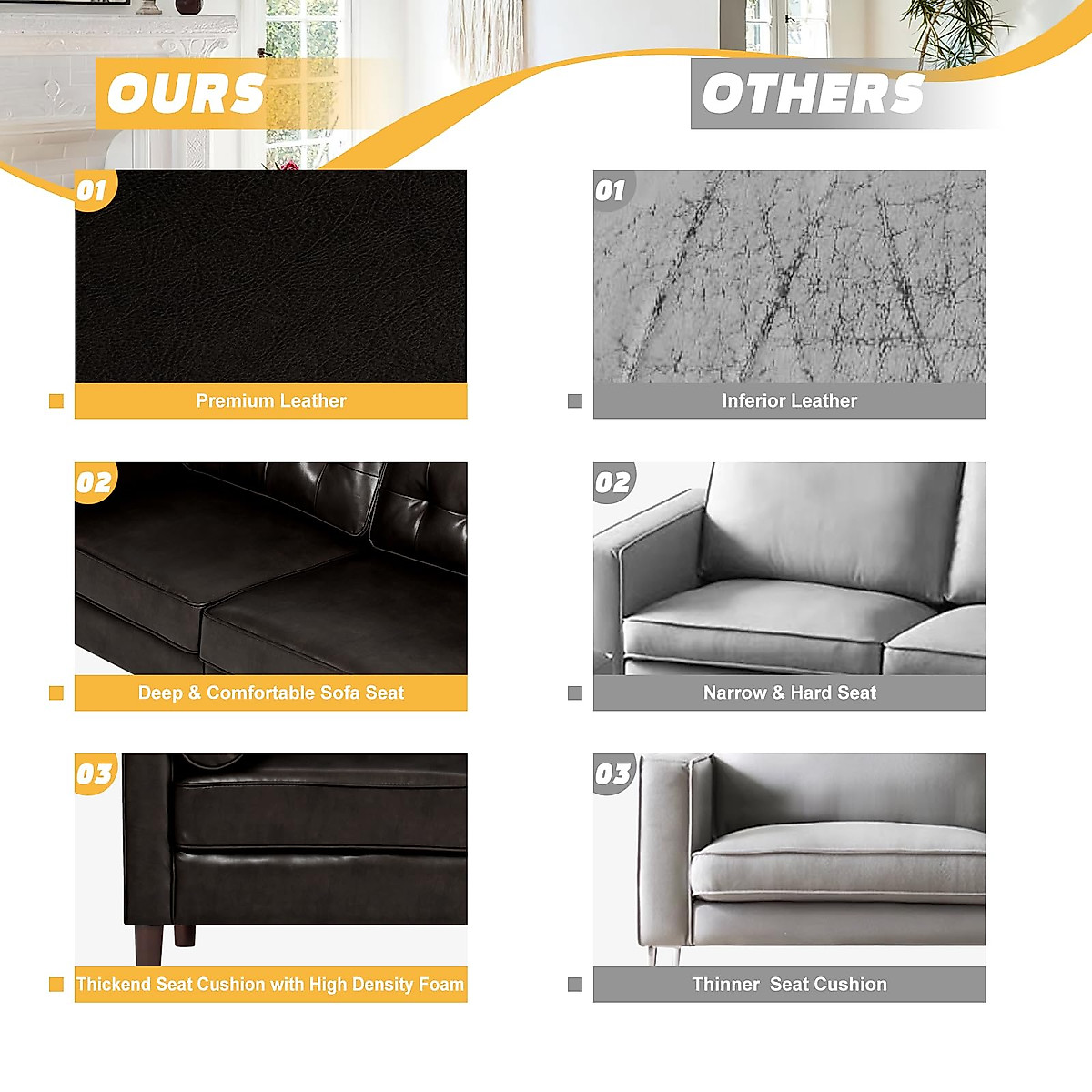 Nansiee 84” Faux Leather Sofa with Tufted Backrest, Upholstered 3-Seat Couch with 2 Bolster Pillows, Mid-Century Sofa with Wooden Legs for Living Room, Bedroom, Office, Dark Brown