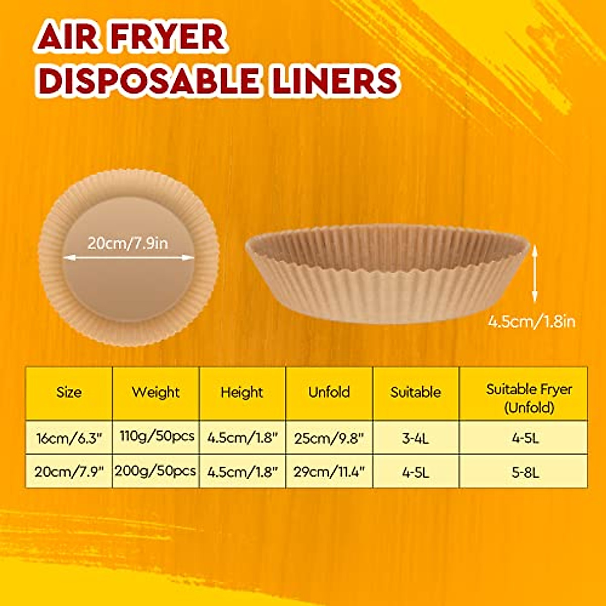 Air Fryer Disposable Paper Liner,Air Fryer Parchment Paper Liners Non-Stick Disposable,Air Fryer Filters Oil-Proof Water-Proof (50pcs-7.9inch, Natural)