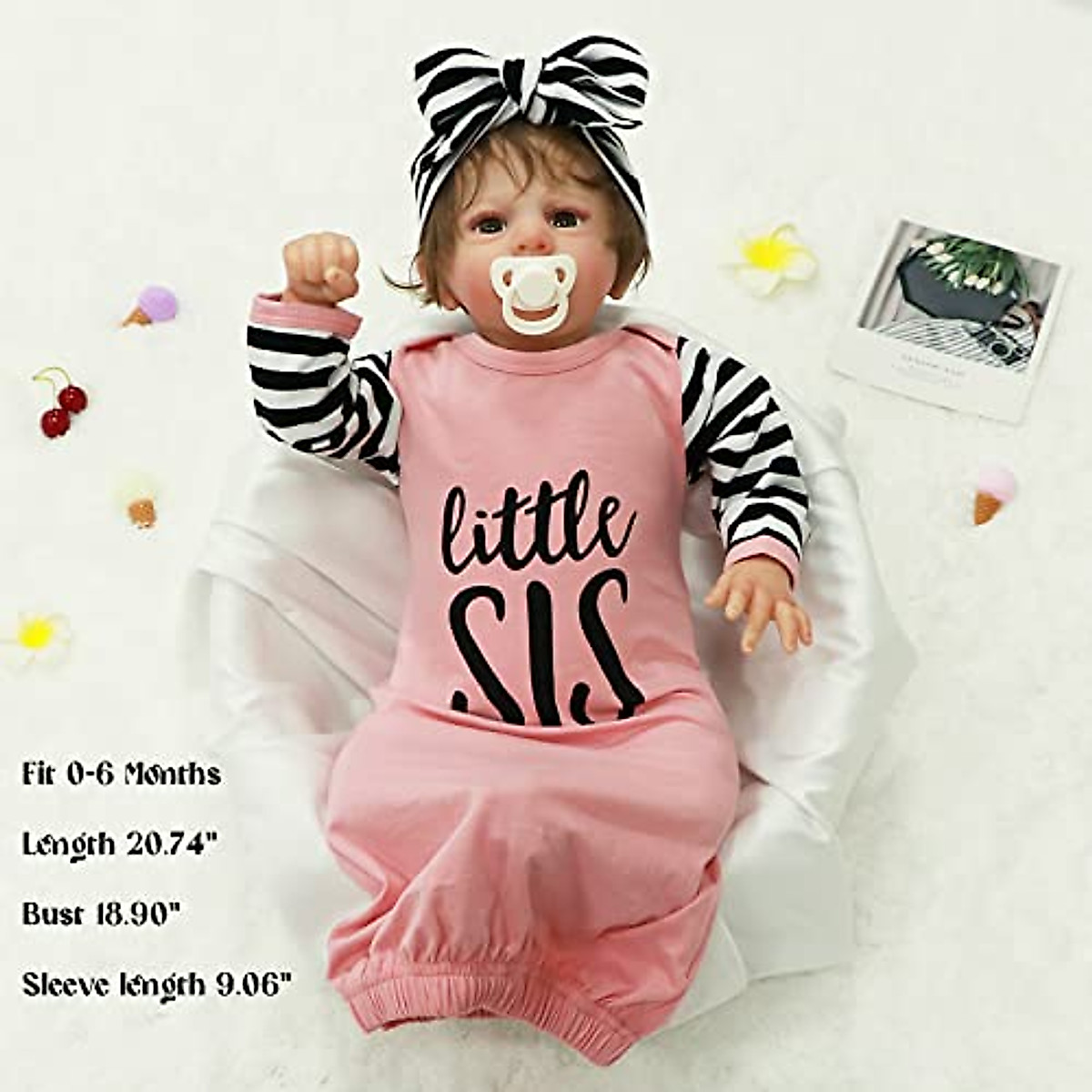 AMAWMW Newborn Baby Girl Little Sister Sleeper Gown Stripe Long Sleeve Nightgown Outfit (Pink, 0-6 Months)