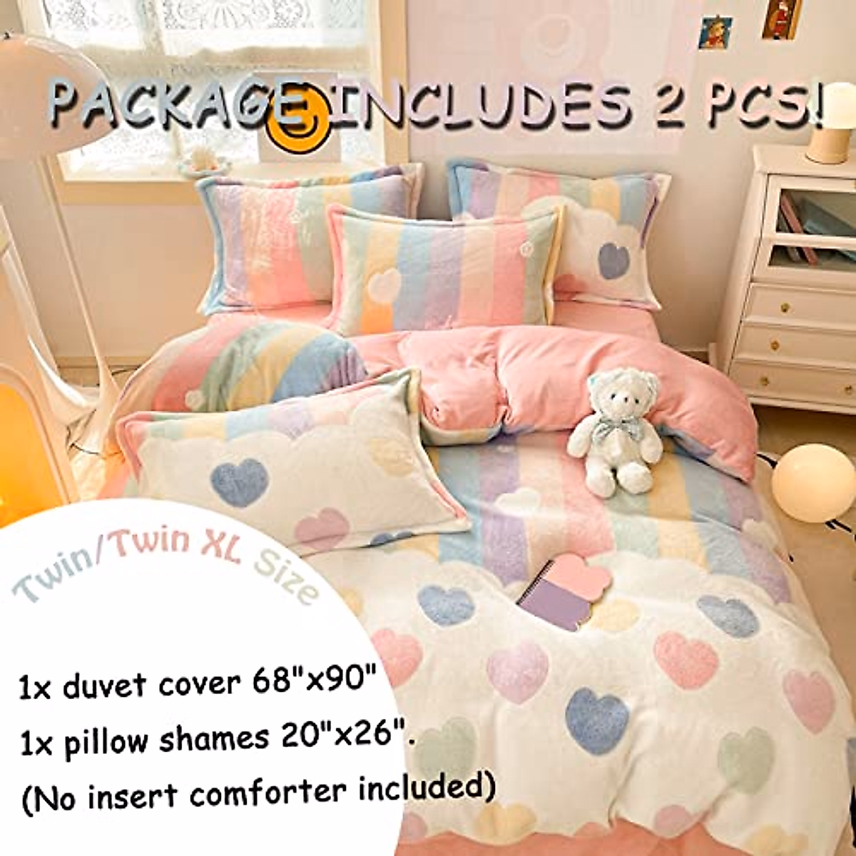 MorroMorn Twin Bedding Sets, Pink Rainbow Duvet Cover Set, Fluffy Comforter Covers Blanket Ultra Soft Kawaii Cute for Girls Kids Toddler Teen Women Twin/Twin XL Size