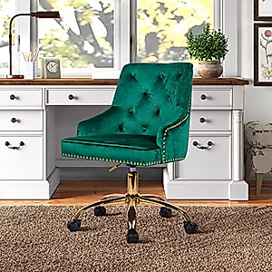 Home Velvet Office Chair Tufted Computer Desk Chair Swivel Adjustable Accent Vanity Chair with Arms Nailhead Trim for Bedroom