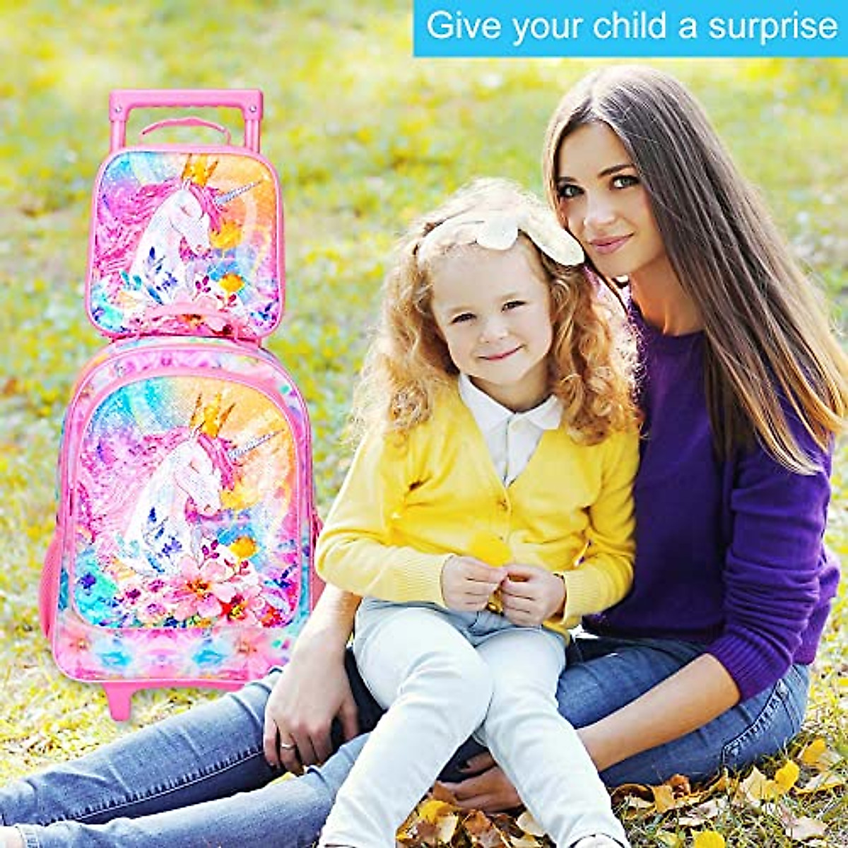 CCJPX 4PCS Kids Rolling Backpack for Girls, Unicorn Sequin Roller Wheeled Bookbag Toddler Elementary School Bag with Wheels One Size