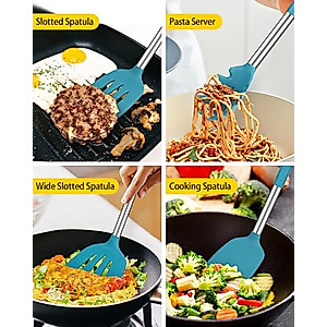 Silicone Cooking Utensil Set, 8Pcs Non-stick Cookware with Stainless Steel Handle, BPA Free Heat Resistant Kitchen Tools with Spatulas, Turners, Spoons, Skimmer and Pasta Fork