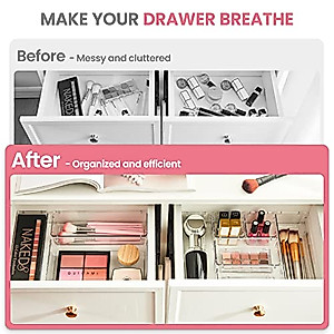 HOUSE DAY Makeup Drawer Organizer Trays 24 PCS, 4-Size Clear Drawer Organizers with Silicone Pads, Vanity Organizers and Storage, Non Slip Plastic Drawer Organizer for Desk, Bathroom, Kitchen, Office
