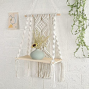 Macrame Wall Hanging Plant Decor Shelf Indoor Outdoor Floating Wood shelve Decorative Hand Made Rope Boho Shelving for Plants